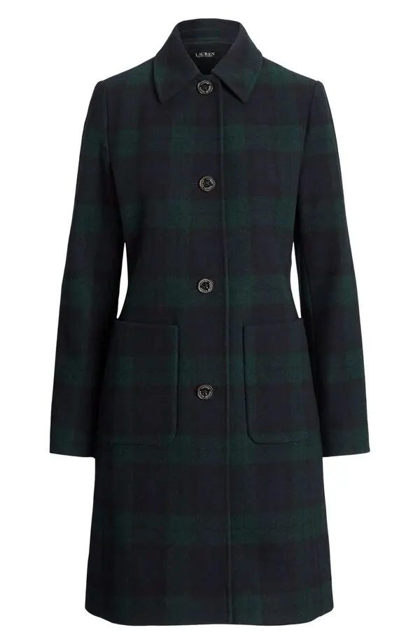 Ralph Lauren Plaid Wool Blend Coat In Black Watch - 50% Off